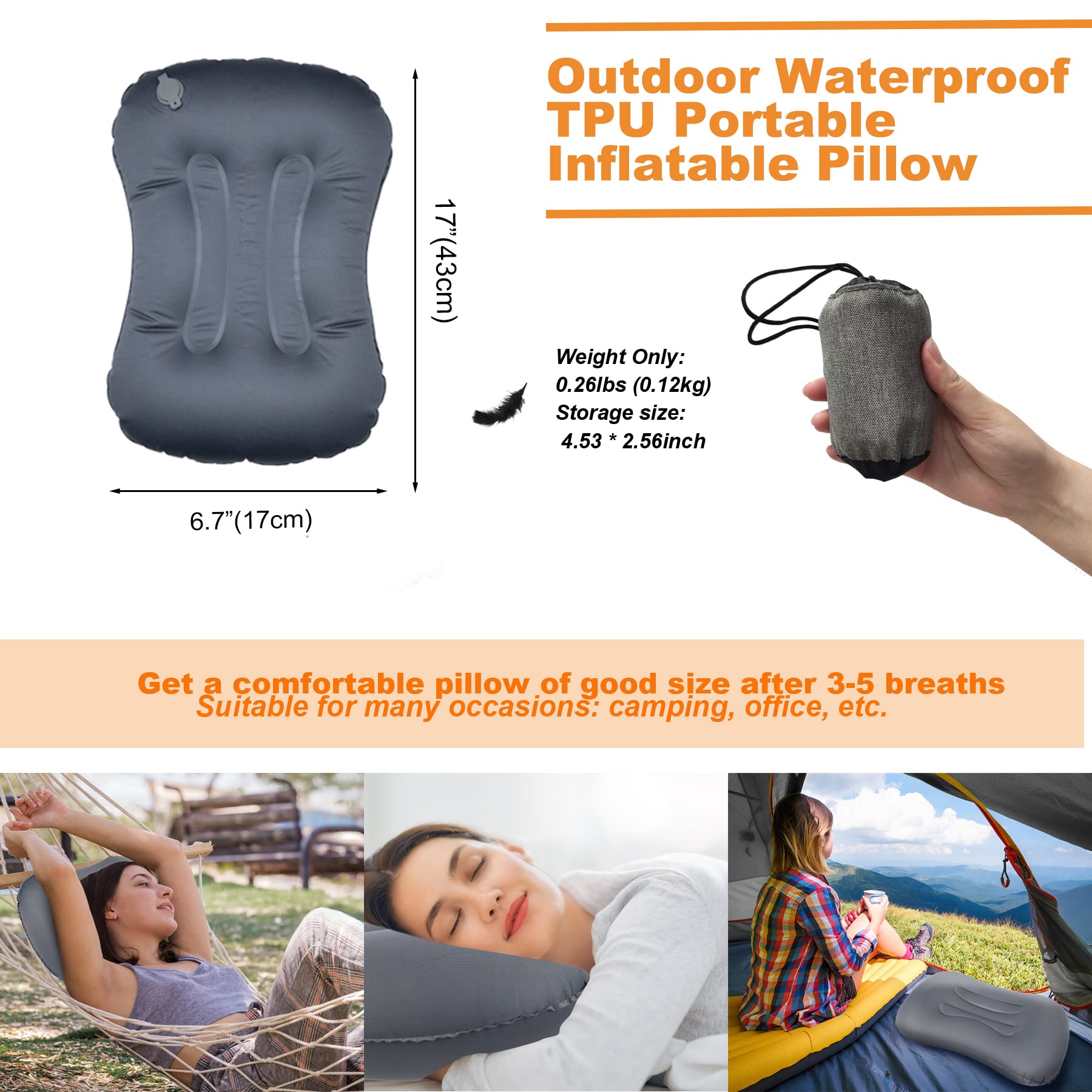 Drafitorts Ultralight Inflatable Camping Pillow Quick Setup TPU Material Pillow for Travel, Hiking, Backpacking - Grey
