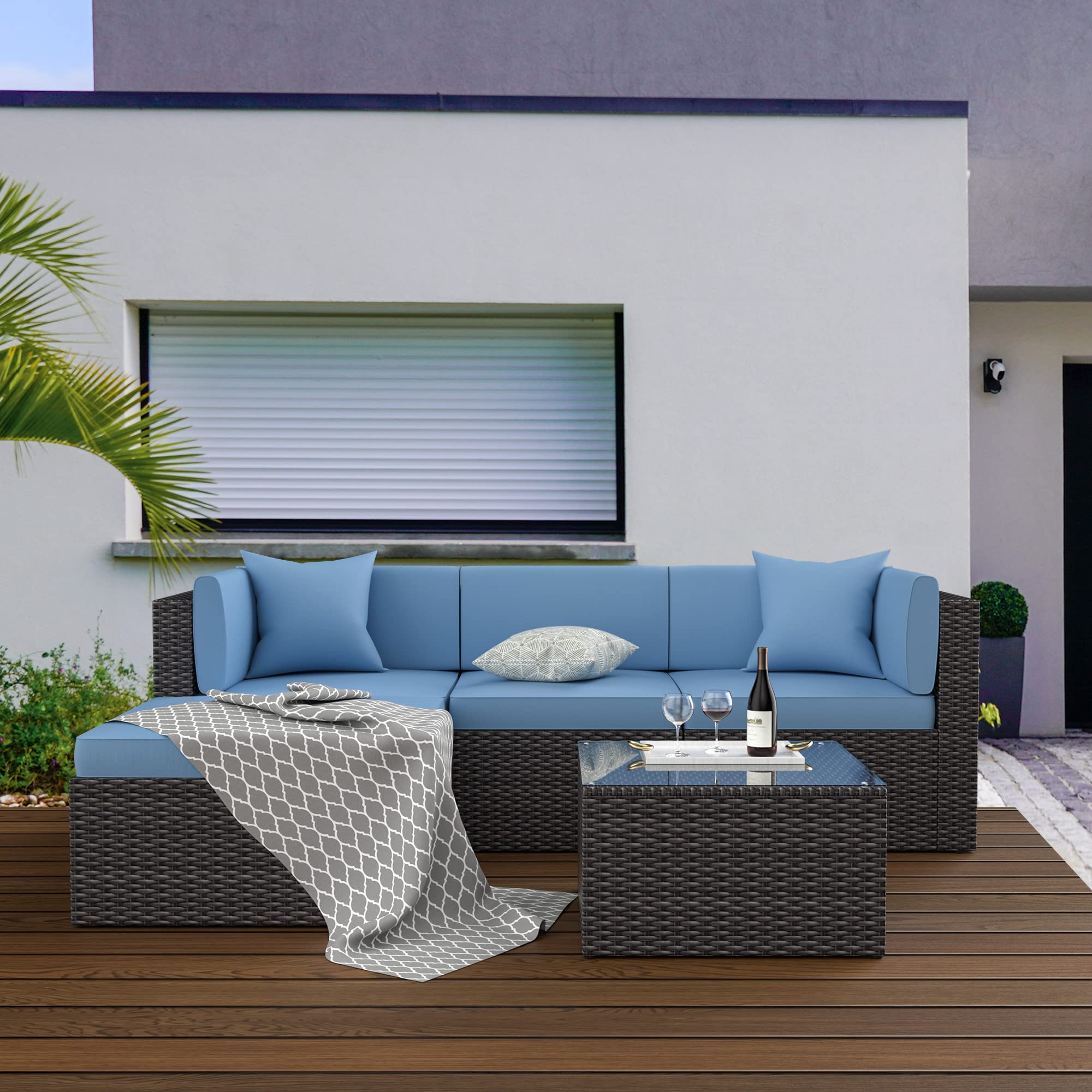 ECOLINEAR 5PCS Outdoor Patio Furniture Set Wicker Sectional Sofa w/Blue Seat & Back Cushions and Throw Pillows, Black Conversation Set