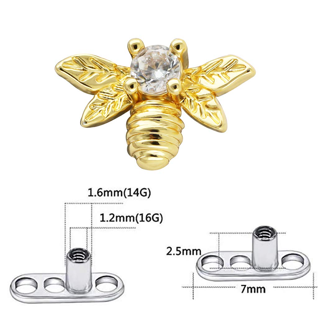 Excepro 1Pcs Dermal Anchor G23 Titanium Multicolor Plated Bees CZ Body Jewelry Anchor Dermal Tops (Yellow gold plated)