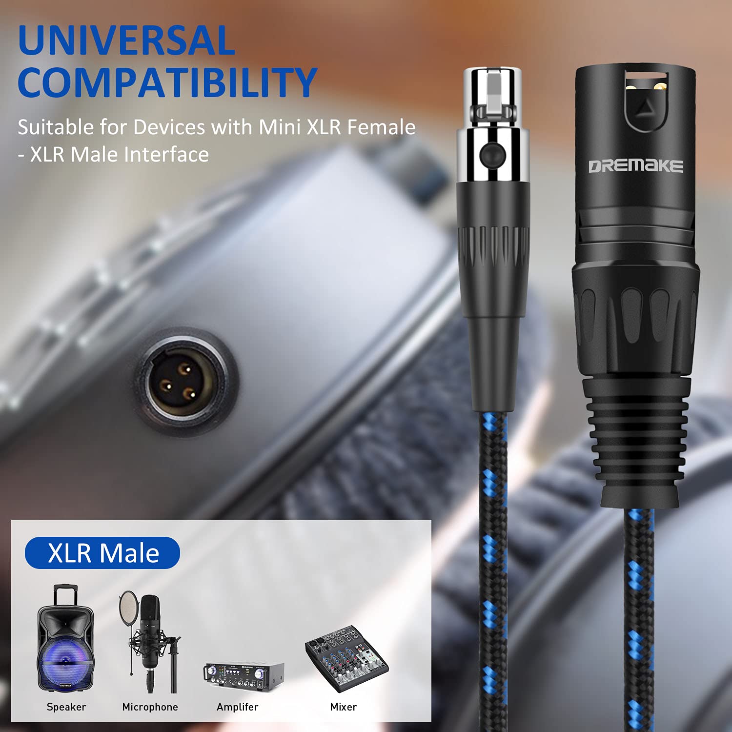 DREMAKE Mini-XLR 3-Pin Female to 3-Pin XLR Male Adapter Audio Cable, 1 Feet Regular XLR to Mini-XLR Microphone Converter Cable for Camera, Headphone, Power Amplifier, Console - Black Blue Tweed