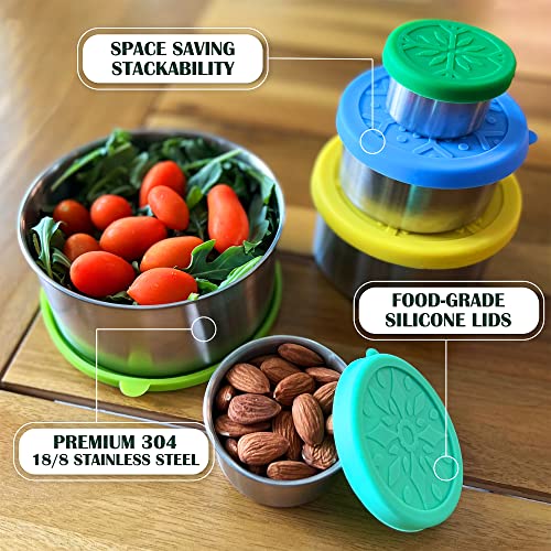 WEST BROS Stainless Steel Containers with Lids - Reusable Snack Containers with Silicone Lids - Leakproof Stainless Steel Food Storage - Round Metal Premium Container Bento Box