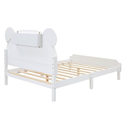 Kids Full Size Platform Bed with Motion Activated Night Lights, Wood Full Bed with Bear-Shaped Headboard, Cute Kids Full Size Bed Frame for Boys Girls (White)