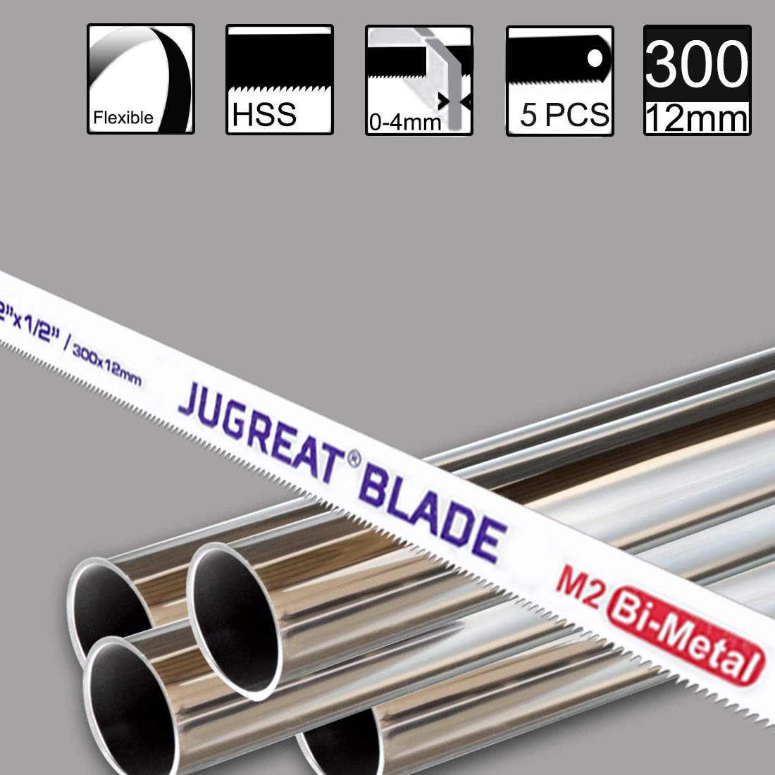JUGREAT 12" Hacksaw Blades Replacement Bi-Metal,Bi-Metal Safe Flex Metal,High Speed Steel -24TPI (5 Pack)