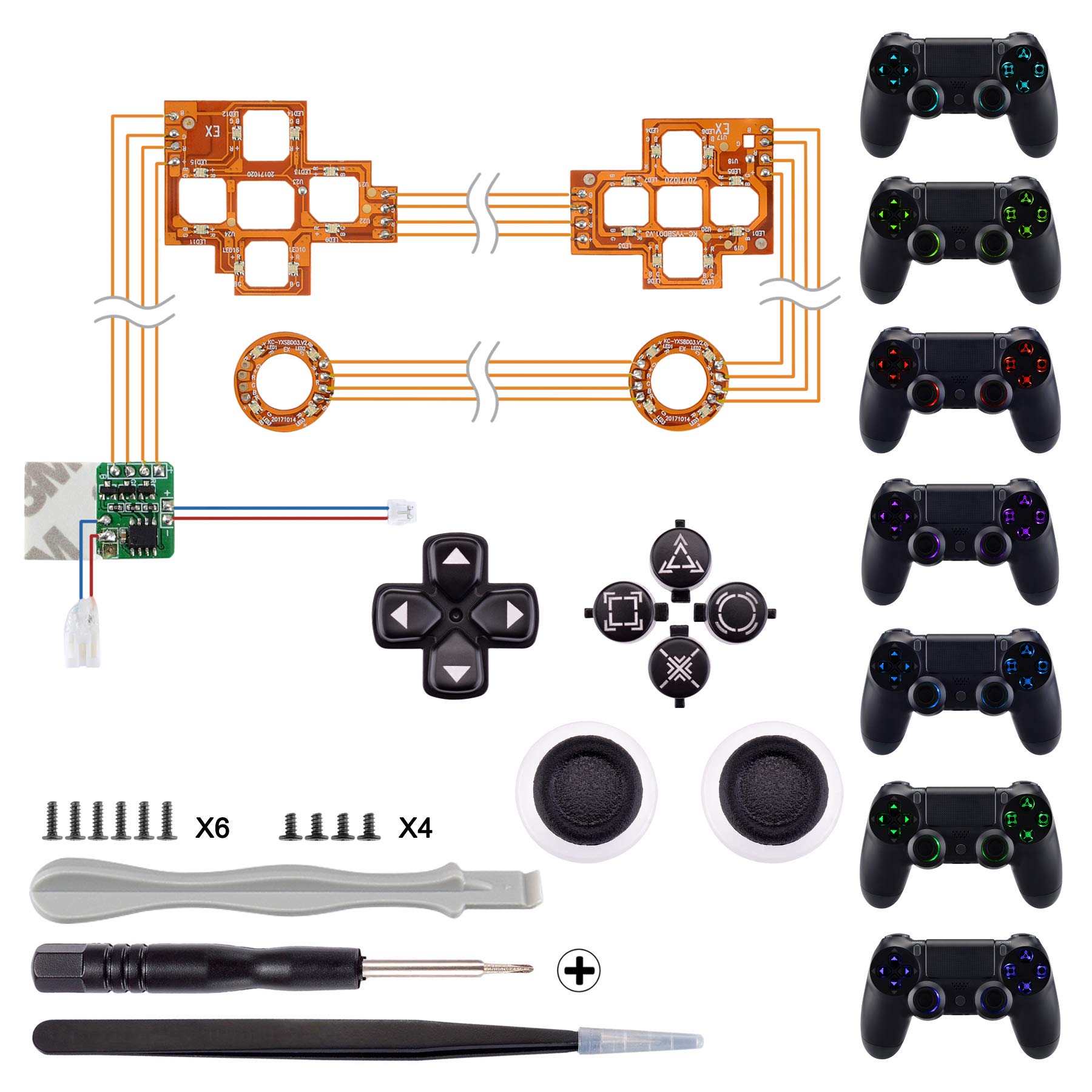 eXtremeRate Multi-Colors Luminated D-pad Thumbsticks Face Buttons (DTF) LED Kit for PS4 Controller 7 Colors 9 Modes Touch Control with Classical Symbols Buttons - Controller NOT Included