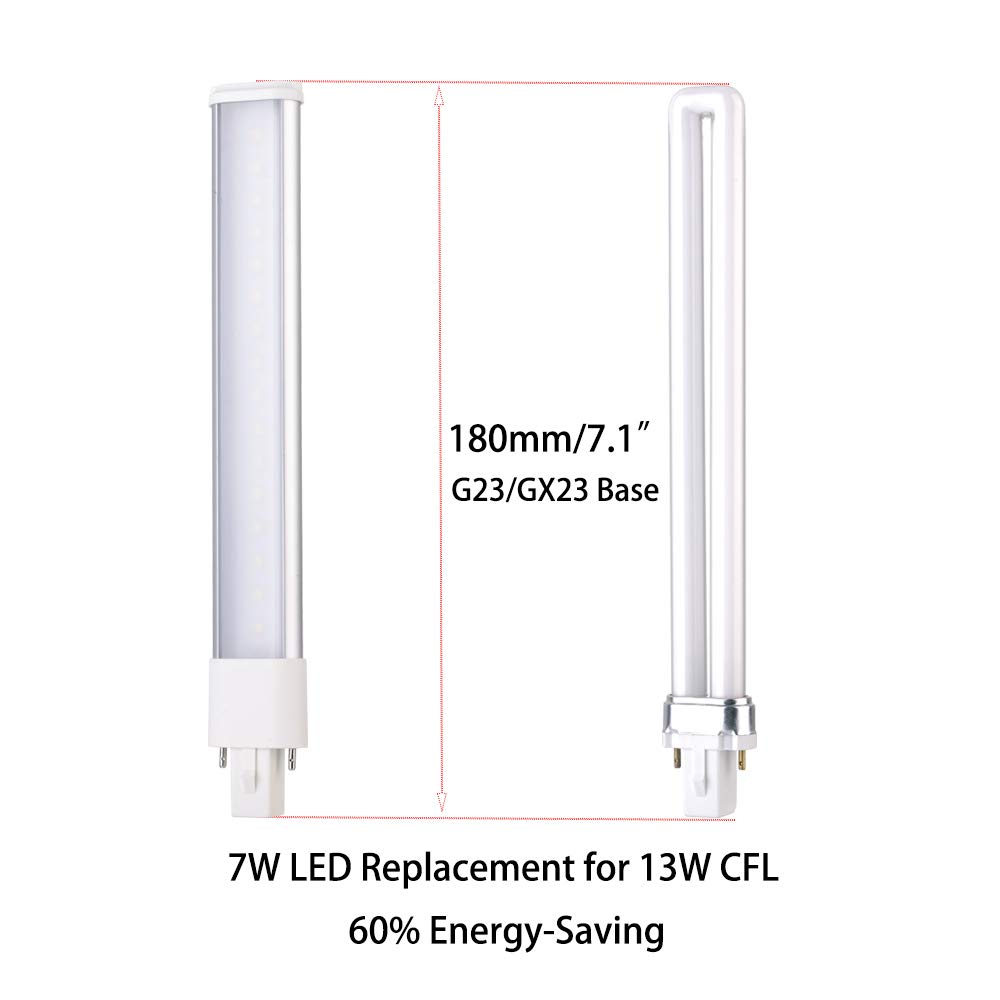 E-Simpo 2pcs G23 7W 7.1" LED Bulb PLS-13W Replacement G23d 2P Cold White 6000K LED PL Retrofit Horizontal Recessed Down Light Plug Play for INDUCTANCE/Magnetic Ballast (Cold White, 7inch/180mm 7W)