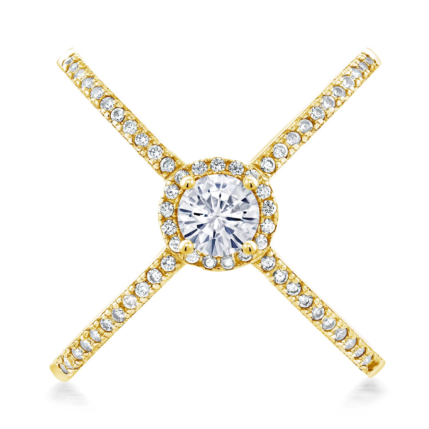 Gem Stone King 18K Yellow Gold Plated Silver Criss Cross X Ring Set with Moissanite (1.32 Cttw) (Size 7)