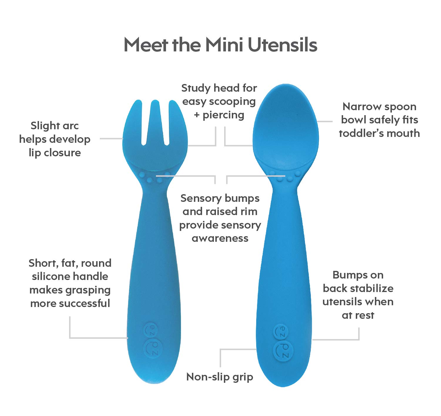 ezpz Mini Collection Set (Blue) - 100% Silicone Cup + Straw, Fork, Spoon & Mini Mat Suction Plate with Built-in Placemat for Infants + Toddlers - First Foods + Self-Feeding - 12 Months+