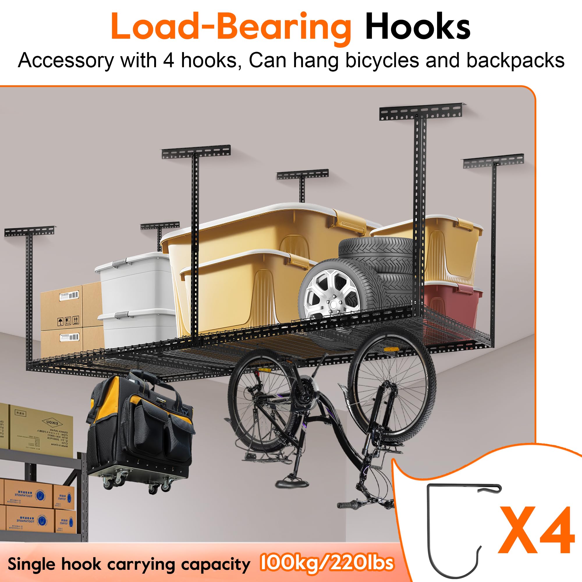Rengue Overhead Garage Storage Rack, 4 x 8FT Height Adjustable Garage Ceiling Storage Racks, Heavy Duty Cold Rolled Steel Storage Rack for Garage, Warehouse with 4 Hooks