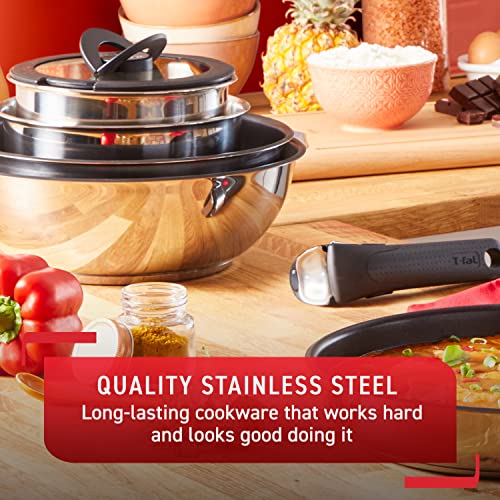 T-fal Ingenio Stainless Steel Cookware Set 4 Piece Induction Stackable, Detachable Handle, Removable Handle, RV Cookware, Cookware, Pots and Pans, Oven, Broil, Dishwasher Safe Silver