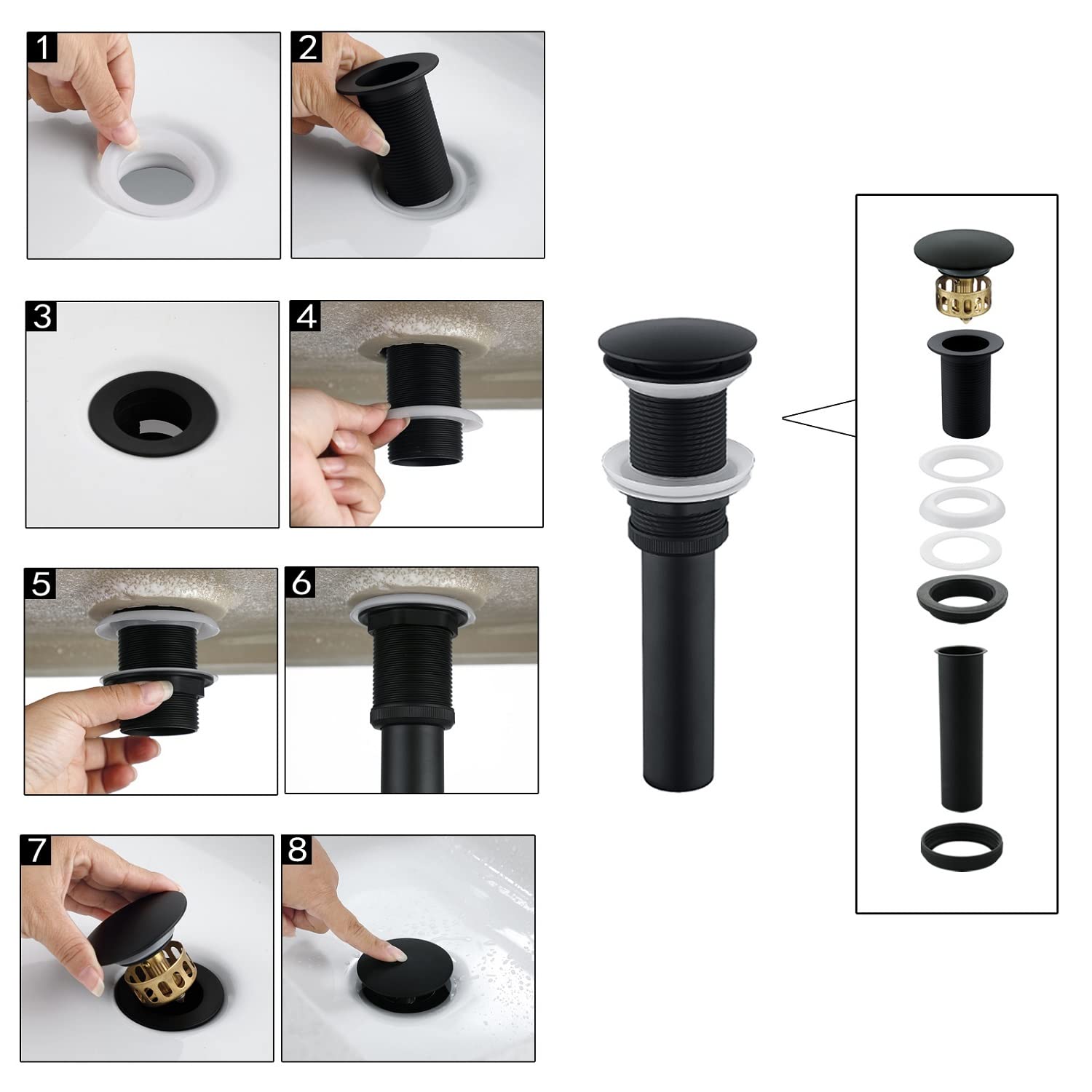 JOYWELL Pop Up Drain Matte Black Bathtoom Sink Drain Without Overflow Brass Bathtoom Sink Stopper with Anti Clog Filter