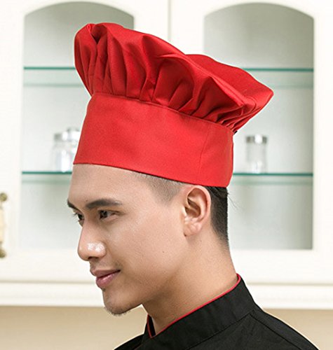 Hyzrz Chef Hat Set of 10 PCS Pack Adult Adjustable Elastic Baker Kitchen Cooking Chef Cap, Red