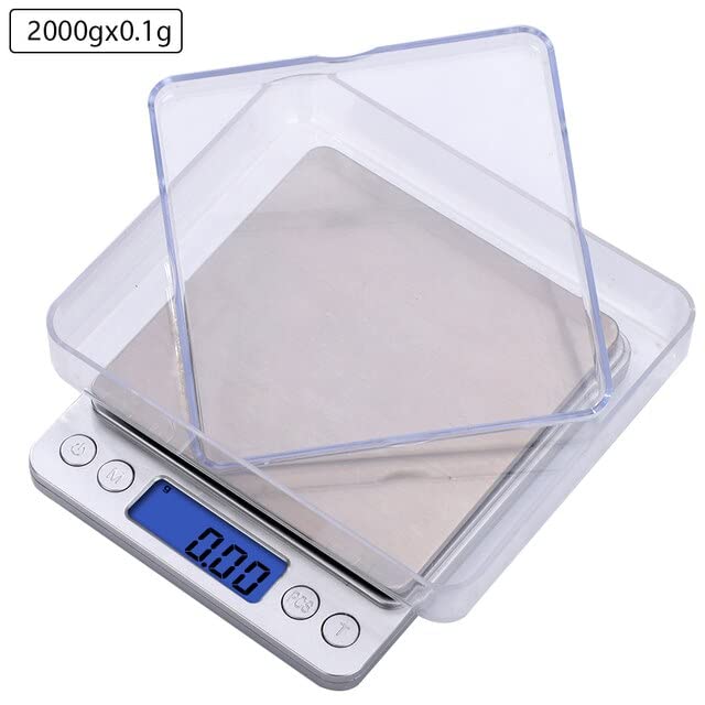 Digital Kitchen Scale 2000g x 0.1g Jewelry Cooking Food Scale Stainless Steel (Batteries Included) with 2 Clear Expanding Trays