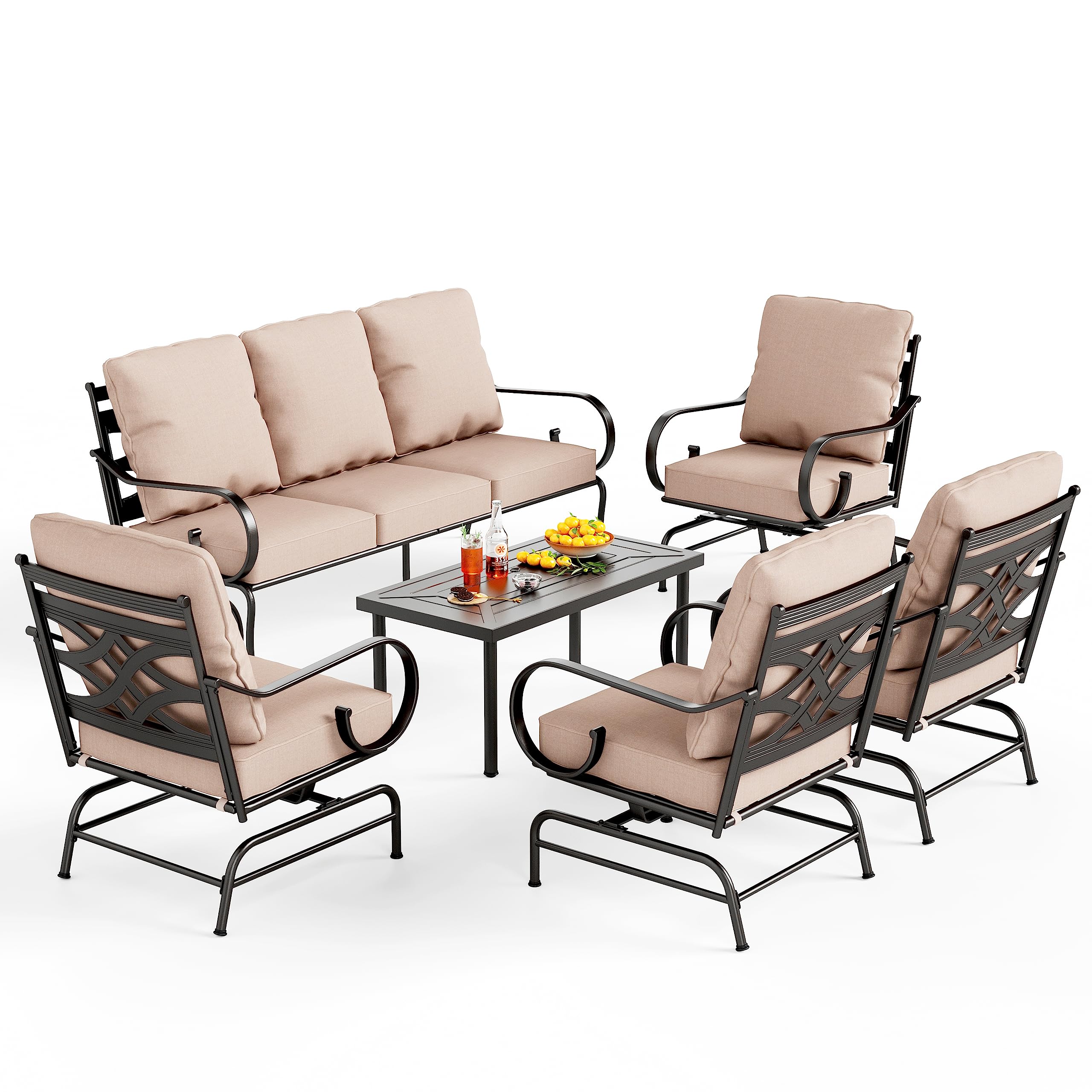 PHI VILLA Metal Patio Outdoor Furniture Sets,Large Heavy Duty Patio Conversation Sets for Backyard, Porch and Garden(Beige, 6 pcs w/Table)