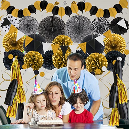 ZERODECO Party Decorations, 41 Pcs Black and Gold Papar Fans Pompoms Garlands String Tissue Paper Tassel for Graduation Congrats Grad New Years Wedding Birthday Party
