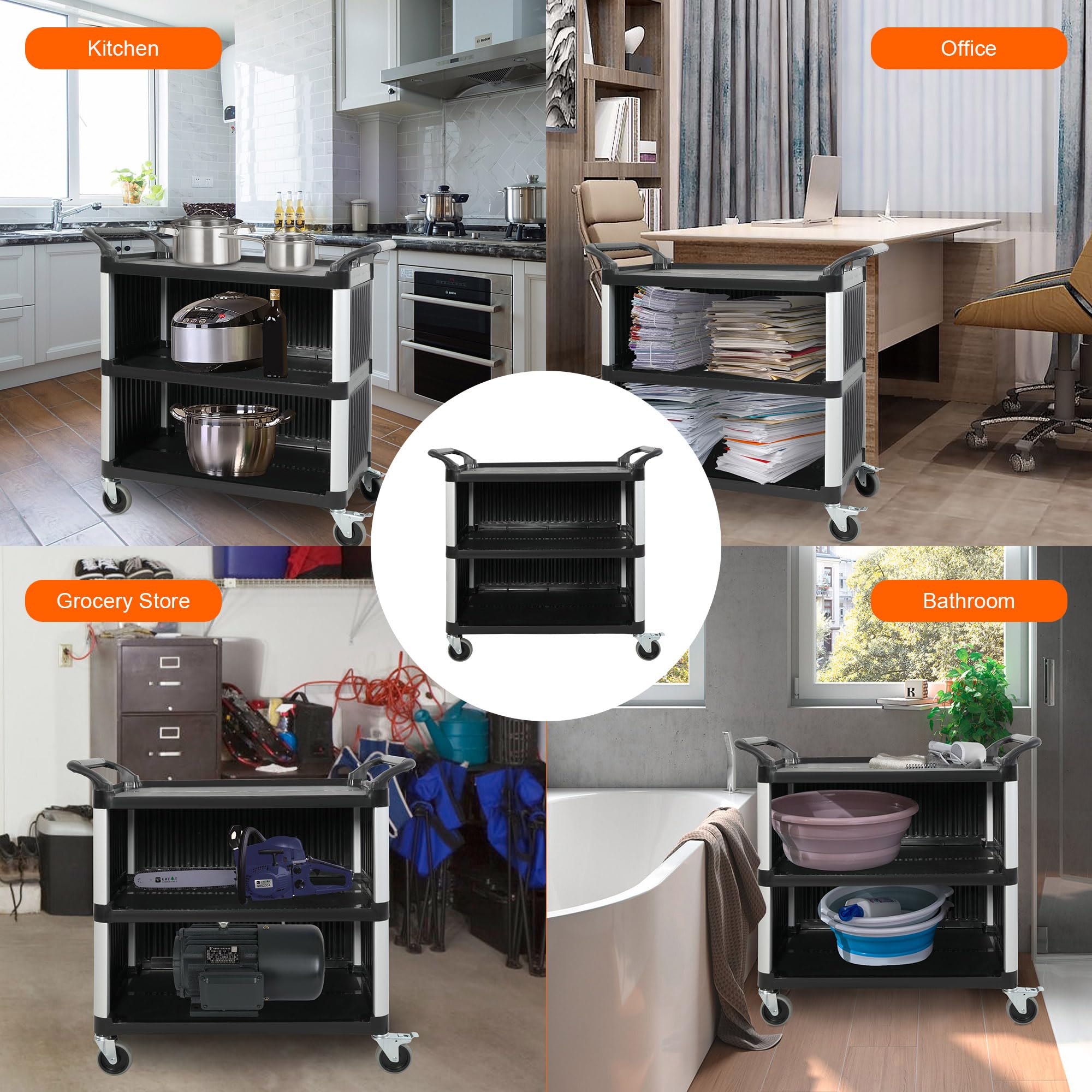 Rolling Utility Cart with Storage Cabinet and Lockable Wheels - Heavy Duty 3-Tier Service Carts for Kitchen, Office, Garage, and Restaurant – Black