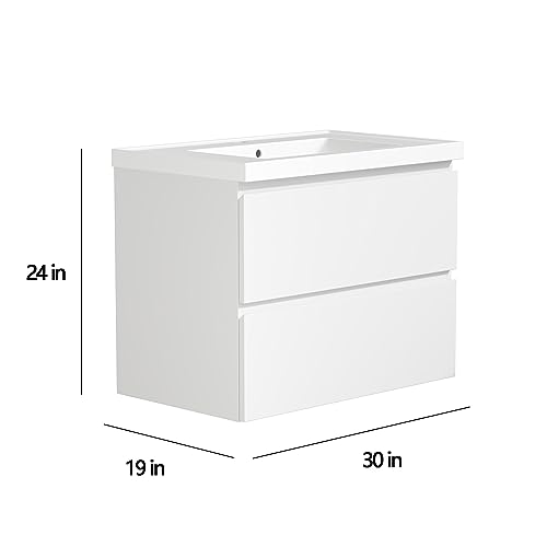 JPND 30" Bathroom Vanity with Sink Combo, Wall Mounted Vanity Base Cabinet with Single Hole Sink and Two Soft Close Drawers, Handle-Free Design, White (Faucet and Drain not Included)