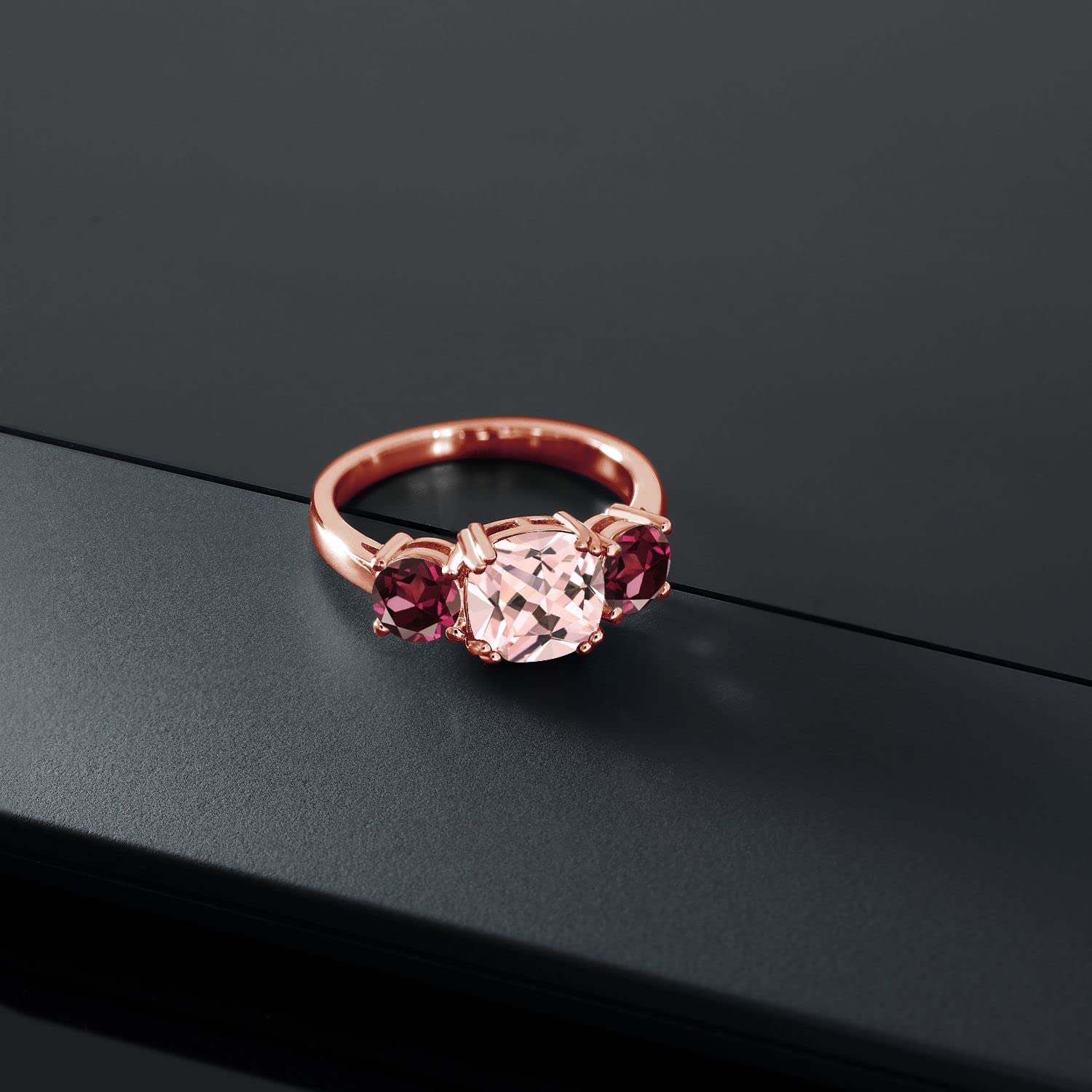 Gem Stone King 18K Rose Gold Plated Silver Peach Nano Morganite and Red Rhodolite Garnet 3 Stone Engagement Ring For Women (3.20 Cttw, Gemstone October Birthstone, Cushion 8MM, Size 6)