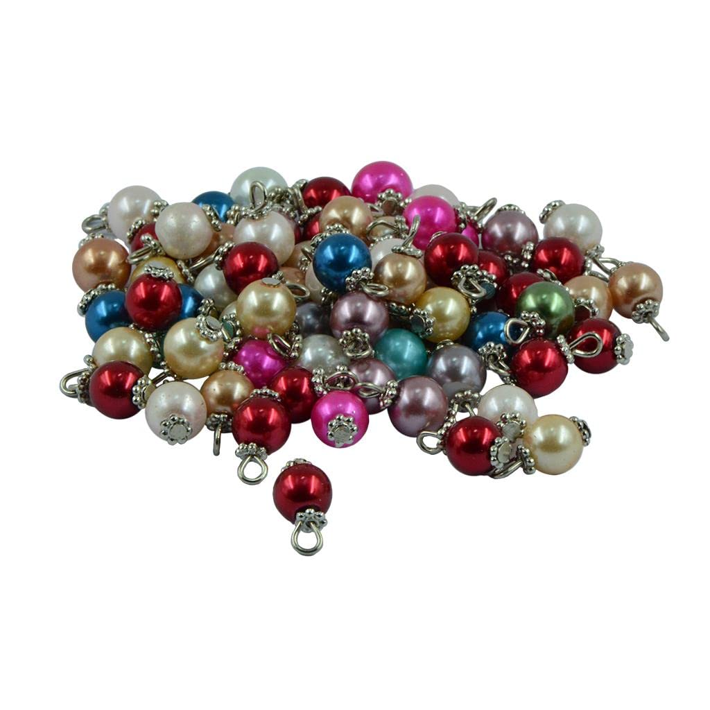 Dovewill 50 Pieces Colourful Charms Dangle Pendant Metal Flower Round Glass Pearl Beads - Silver