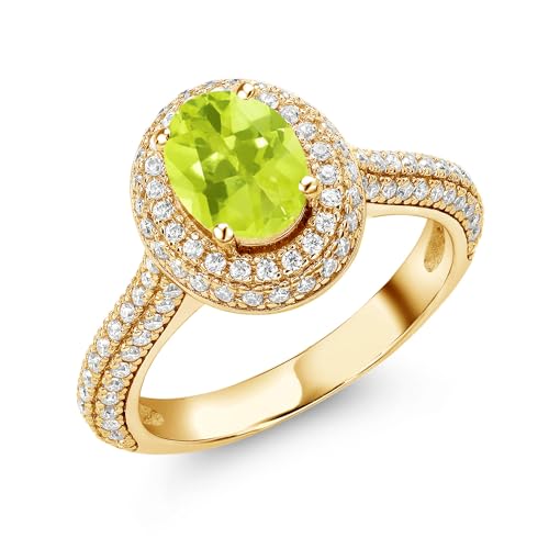 Gem Stone King 18K Yellow Gold Plated Silver 8X6MM Oval Gemstone Birthstone and White Moissanite Halo Engagement Ring | Wedding Anniversary Promise Ring For Women | Size 5,6,7,8,9