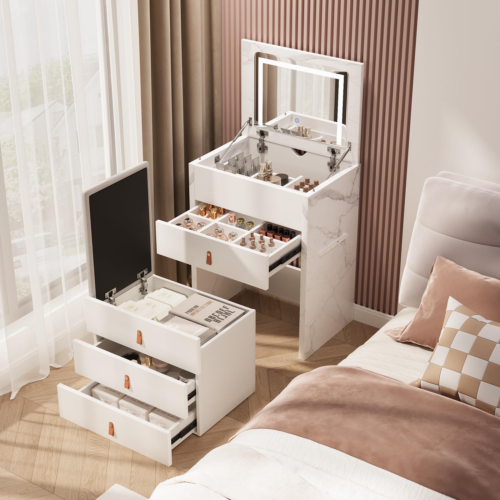 Makeup Vanity Desk with Mirror and Lights, 3-in-1 Vanity Set with 3 Drawers, Small Makeup Vanity with Hidden Stool, Compact Dressing Table Charging Station for Bedroom/Living Room-Beige