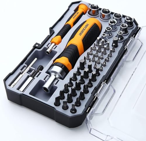 IRONCUBE Ratcheting Screwdriver Set, 56Pcs Phillips Slotted Torx Hex Pz and Socket, Magnetic Bits Set for Household, Cool Gifts for Men or Father