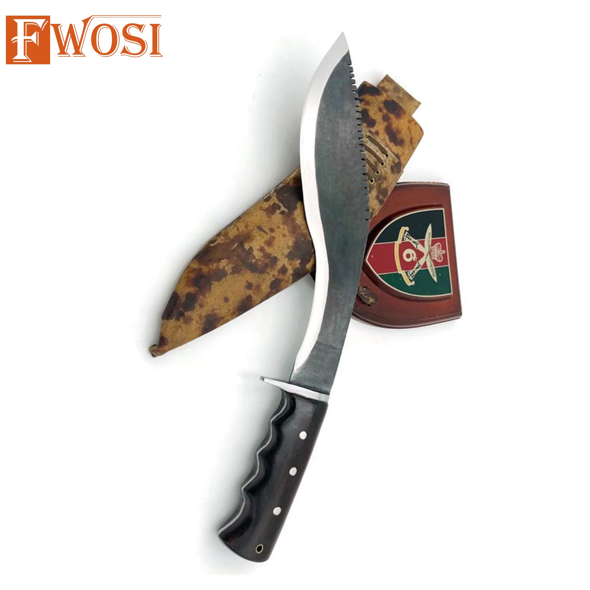 Fwosi Kukri Blade - 13-Inch Fixed Blade Knife, Gorkha Khukuri or Military Kukri - Carbon Steel Blades & Wooden Handle - Plus Leather Sheath with Belt Loop