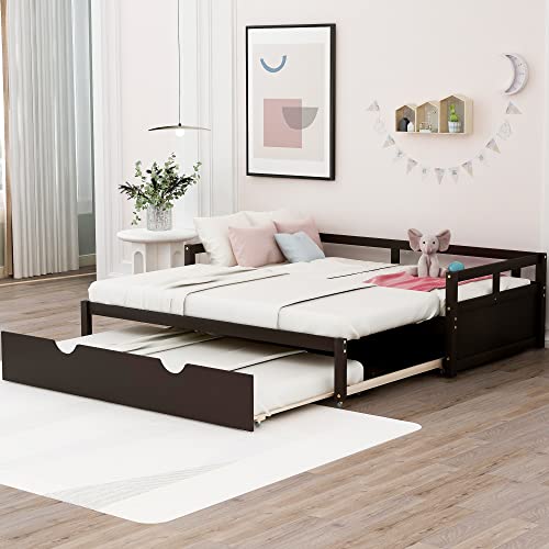 Merax Modern Wood Daybed with Pop Up Trundle Twin to King Triple Sofa Bed Frame for Kids Teens Adults/No Box Spring Needed Espresso