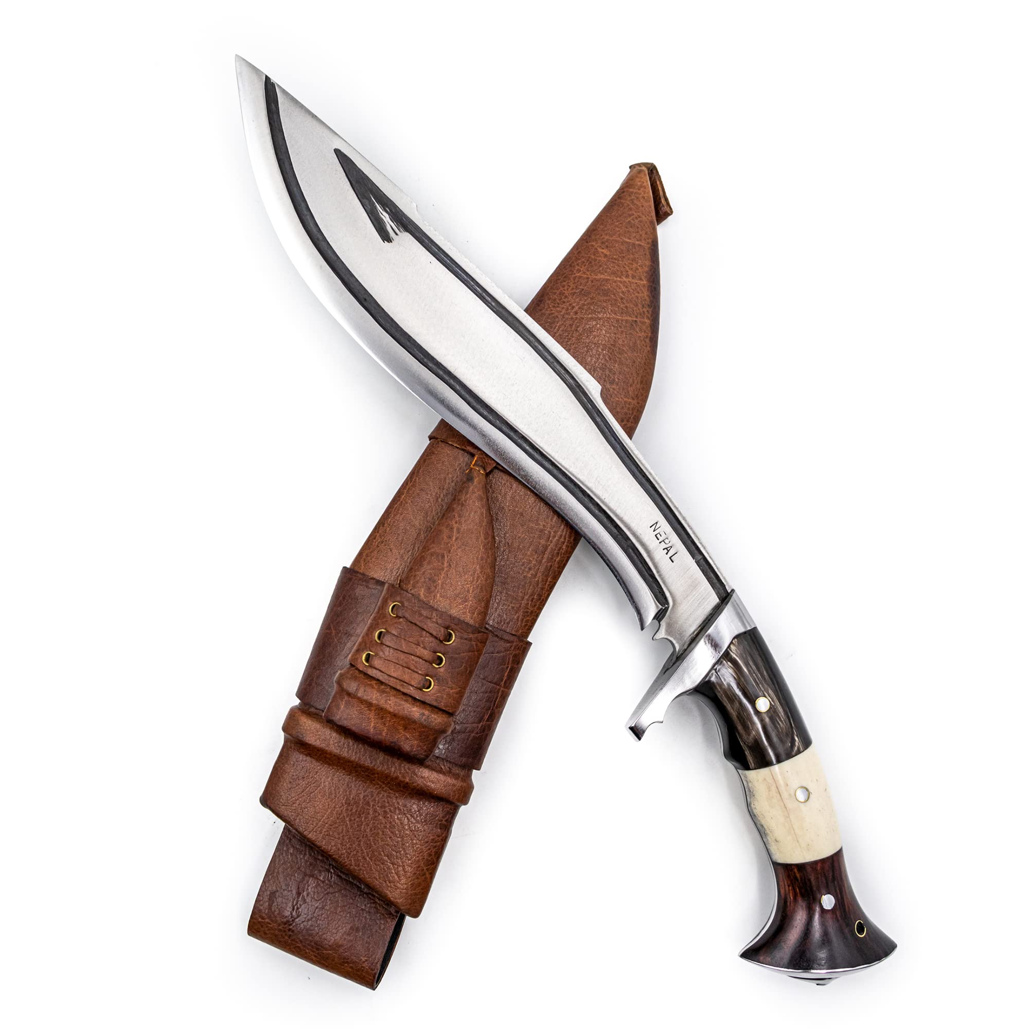 Fwosi Kukri Knife- 13-Inch Sharp Fixed Blade High Carbon Steel Knife With Brown Leather Sheath and Bone & Wood Handle, Nepal Handmade Hunting Knife