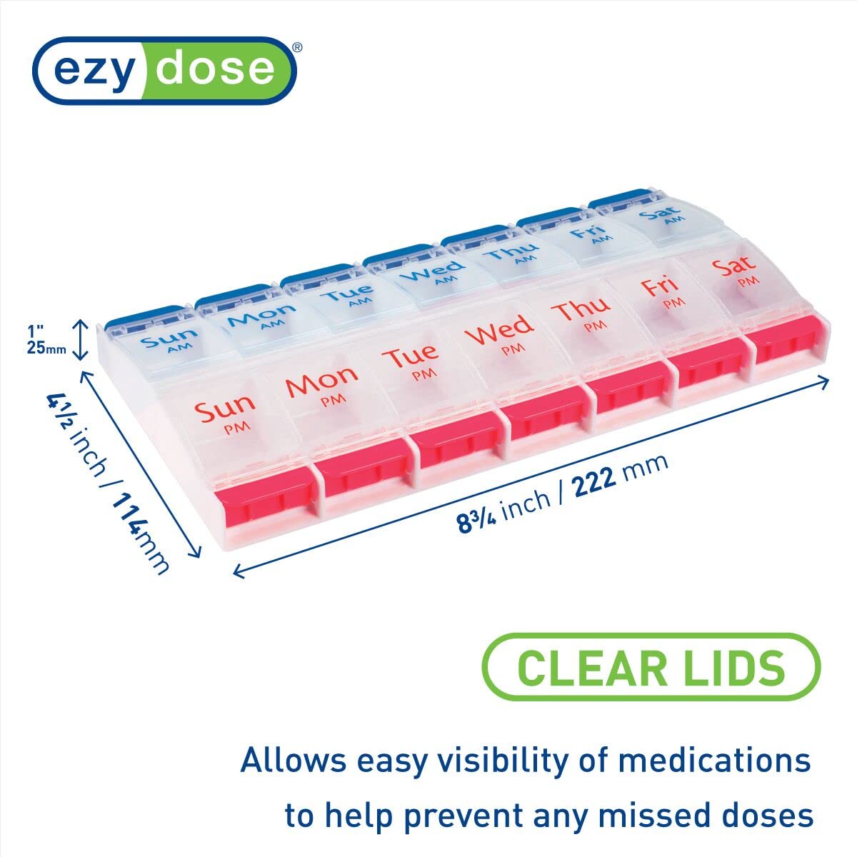 EZY DOSE Push Button (7-Day) Pill Case, Medicine Planner, Vitamin Organizer, 2 Times a Day AM/PM, Large Compartments, Arthritis Friendly, Clear Lids, Red/Blue