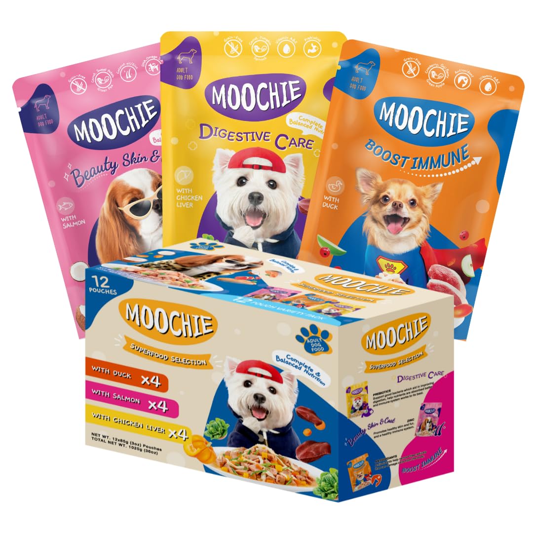 MOOCHIE Soft Wet Dog Food - Superfood Selection - Duck, Salmon & Chicken Liver Flavors - No Artificial Flavors or Preservative -12 x 2.5 oz Pouch