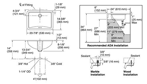 Ladena 2214-0 Rectangular undermount Bathroom Sink with Curved Bottom, 20-7/8" W x 14-3/8" L, White