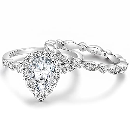 EAMTI 1.5CT 925 Sterling Silver Bridal Ring Sets Teardrop CZ Engagement Rings Vintage Pear Promise Rings Marquise Wedding Bands for Women Size 7