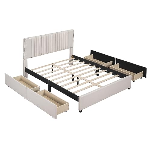 Merax Queen Size Upholstered Platform Bed Frame with Soft Classic Headboard and 4 Drawers, Linen Fabric,Beige