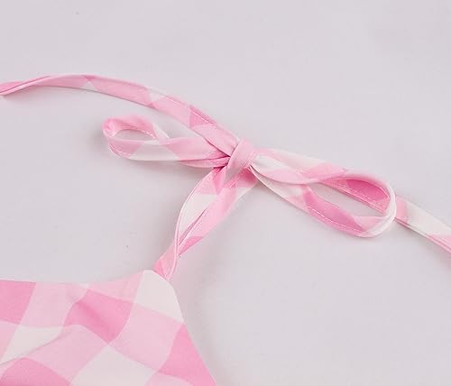 Nihsatin Barbie Pink Swing Dress Tie Shoulder Plaid Printed Knot Waist Dress