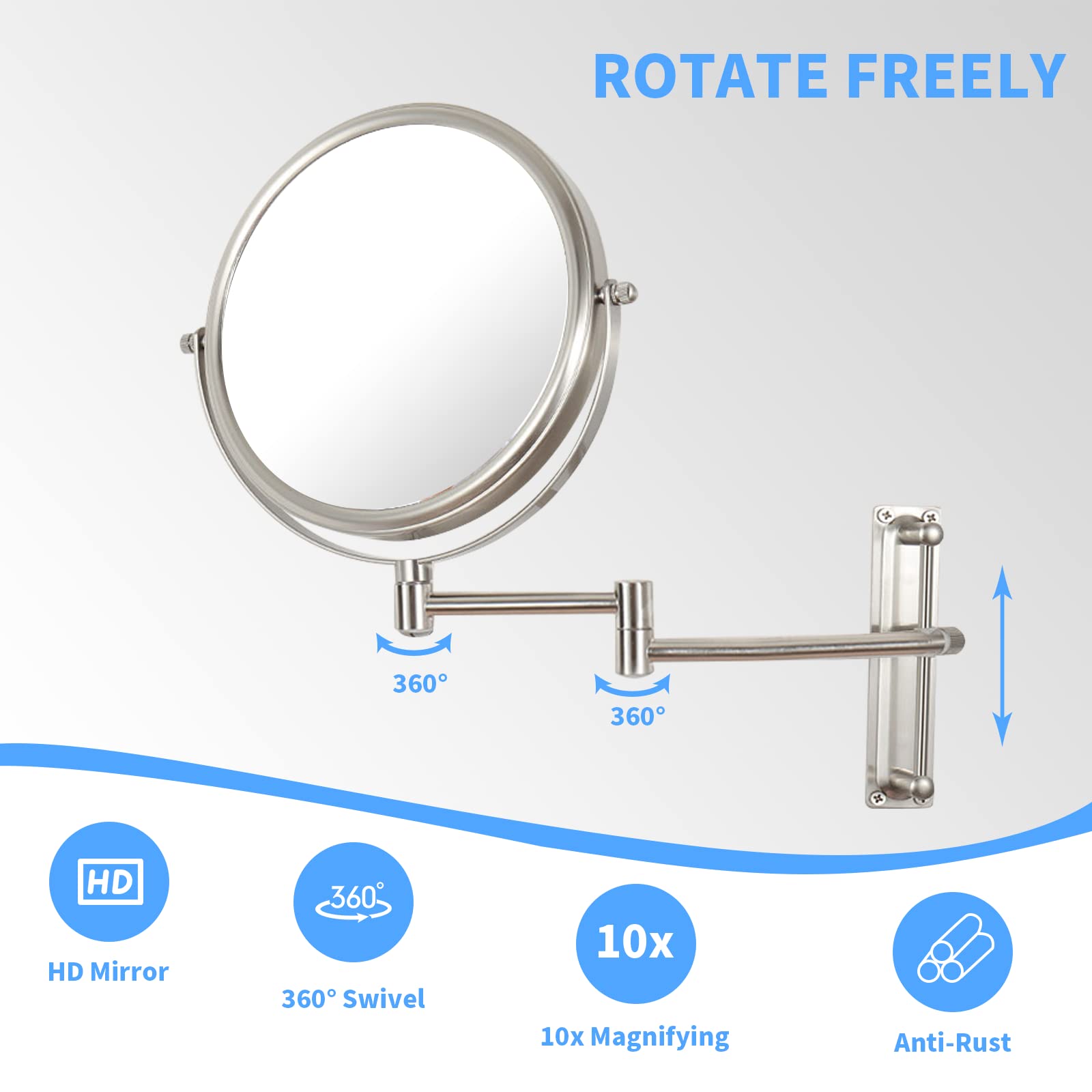 Keilefo Wall Mounted Makeup Mirror 10 Times Magnifying Mirror can Move up and Down 8 inch,Bathroom Double-Sided Vanity Mirror 360 Degree Rotating Telescopic Folding Without Dead Ends (Nickel)