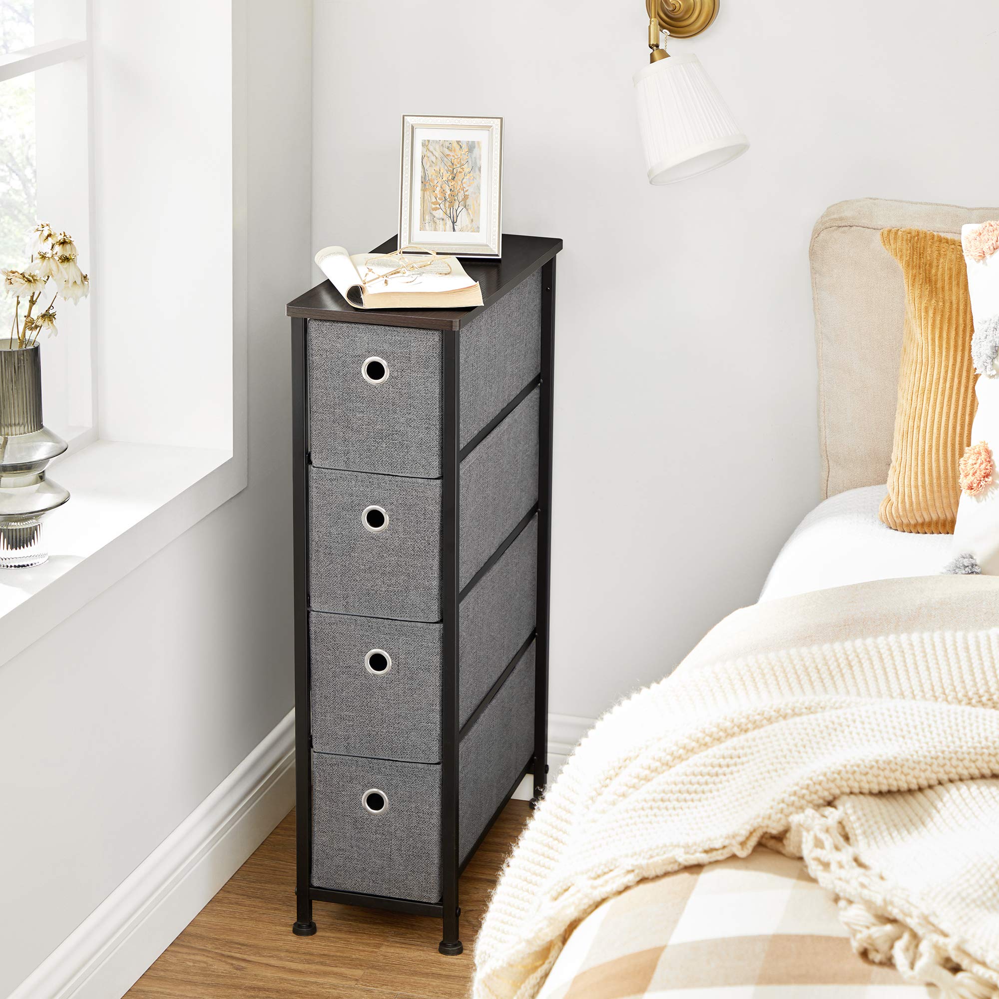 SONGMICS Narrow Dresser with 4 Fabric Drawers Vertical Slim Storage Tower Unit, 7.9",Grey