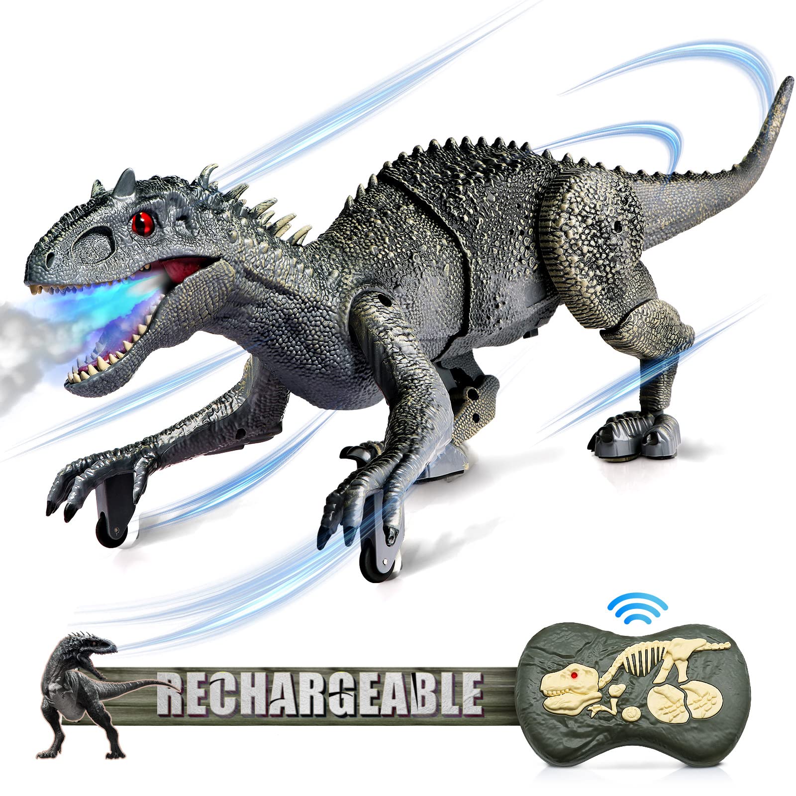 Hot Bee Big Dinosaur Toy for Kids, 18.6in Big Robot Dinosaur Simulation Action Figure with Mist Spray, Chomping Mouth, LED Light and Roaring Sounds