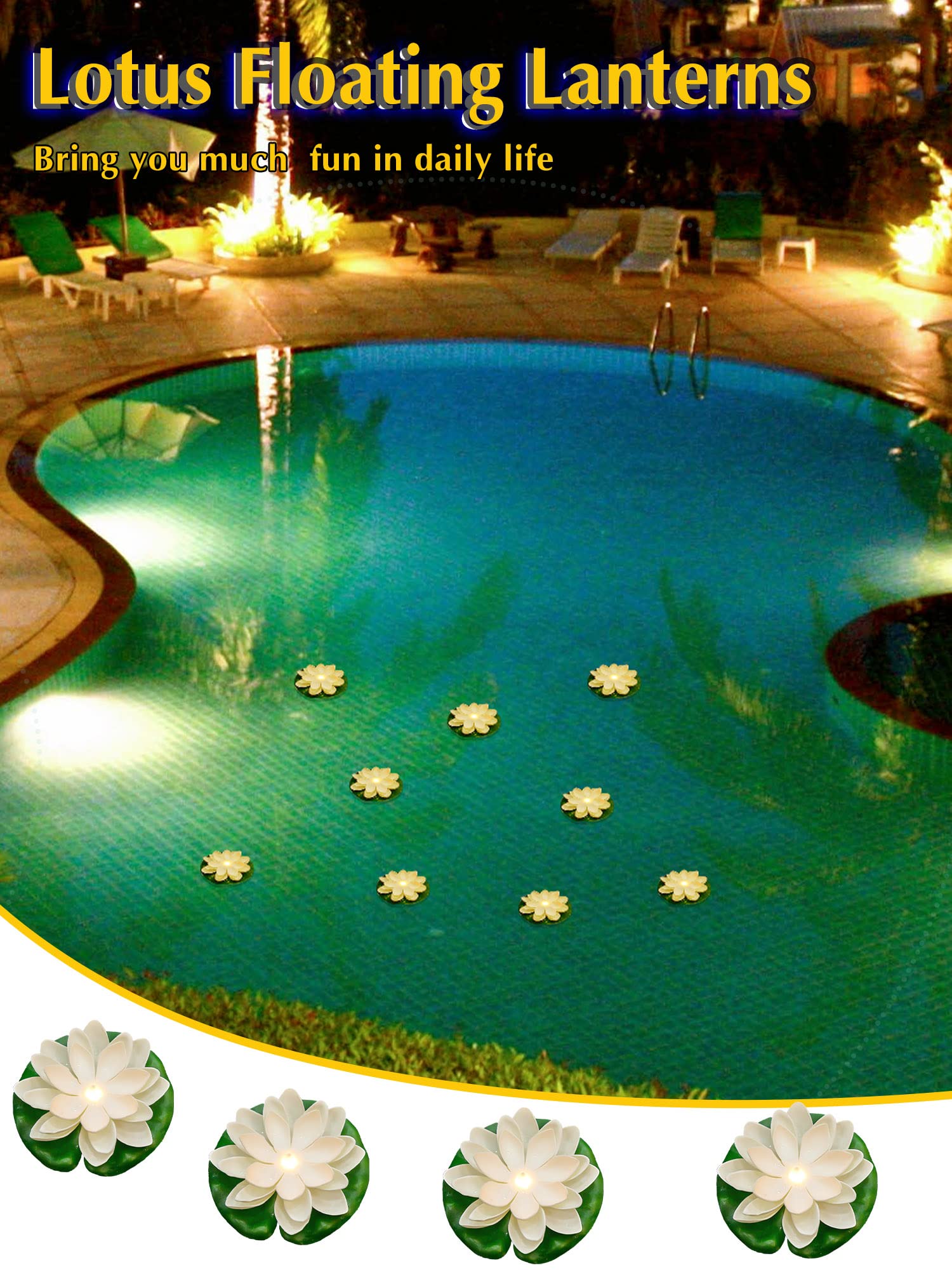 Hortsun 9 Pack Floating Pool Lights Lotus Flower Lantern Artificial Foam LED Lifelike Pool Lights Battery Operated Pool Lantern Pond Decoration(White, Yellow Light, 3.94 Inch)