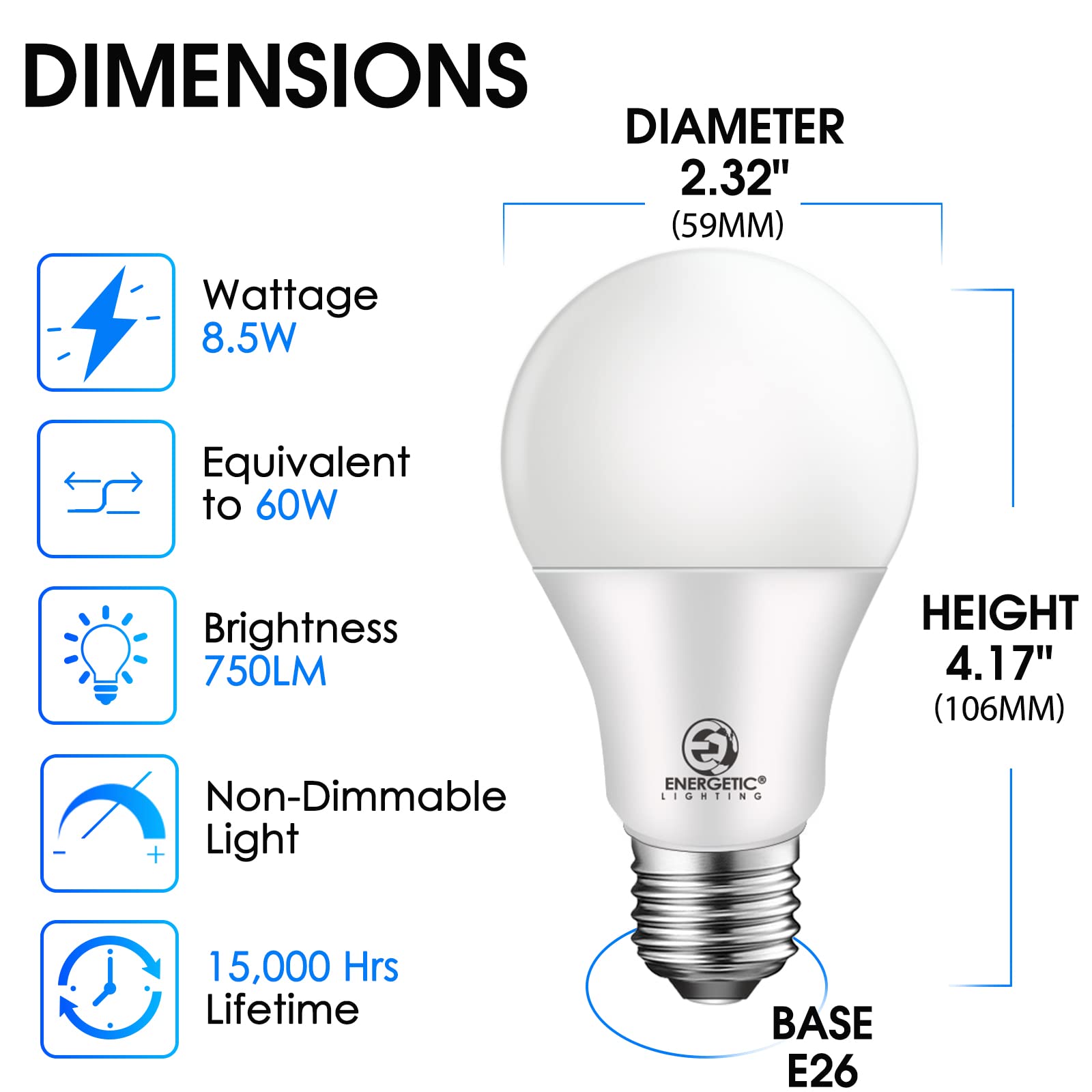 Energetic A19 LED Bulb 60W Equivalent, 5000K Daylight LED Light Bulbs, E26 Standard Base, 750LM, Non-Dimmable, UL Listed, 12 Pack