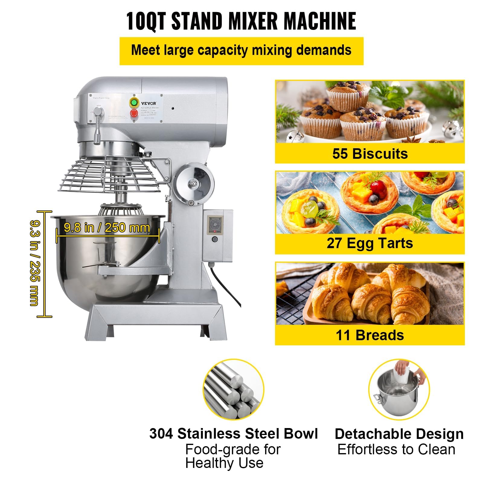 Happybuy 10Qt Commercial Food Mixer with Timing Function, Commercial Mixer 500W Stainless Steel Bowl Heavy Duty Electric Food Mixer Commercial with 3 Speeds Adjustable, Perfect for Bakery Pizzeria