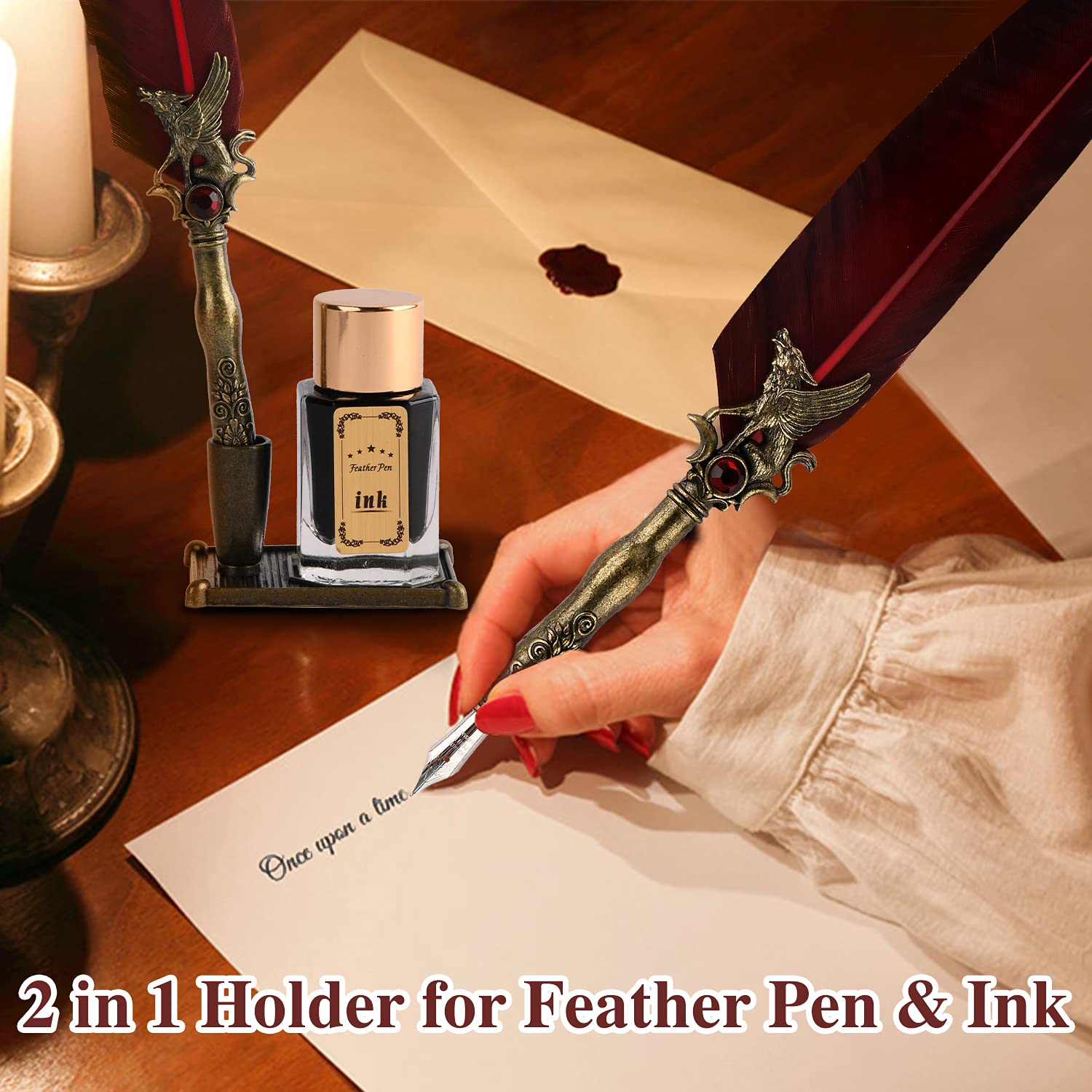 Eptbsdu Antique Calligraphy Feather Pen Quill Pen and Ink Set Beginners Animal Feather Dip Pen with 10 Replacement Nibs Ink & Pen Holder for Writing Drawing Signature