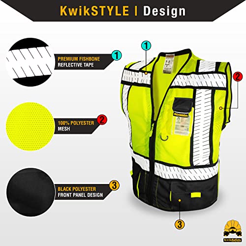 KwikSafety - Charlotte, NC - SPECIALIST Safety Vest [Multi-Use Pockets] Class 2 ANSI OSHA High Visibility Reflective Heavy Duty Solid Mesh HiVis Construction Surveyor Work Men/Black XL