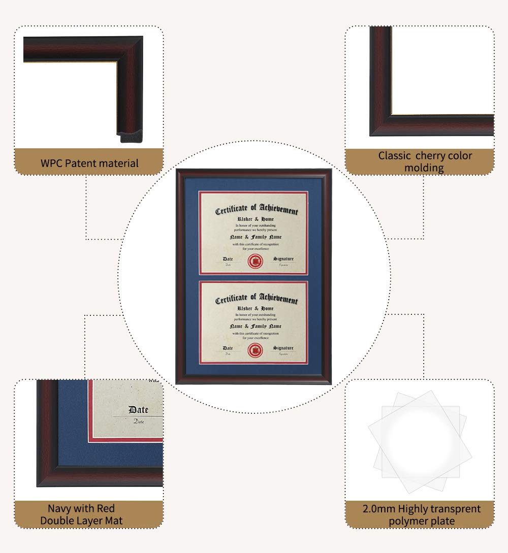 ELSKER&HOME Double Certificate Frame-Cherry Wood Color - 2.0mm Panels-Made for Document&Diploma for Two 8.5x11 Inch with Mat and 14x20 Inch Without Mat(Double Mat,Navy with Red Rim)