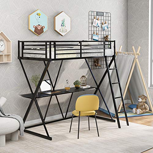 Twin Loft Bed with Desk, Loft Bed with Ladder and Full-Length Guardrails, X-Shaped Frame,Maximum Weight of 220 lb, Black(New)