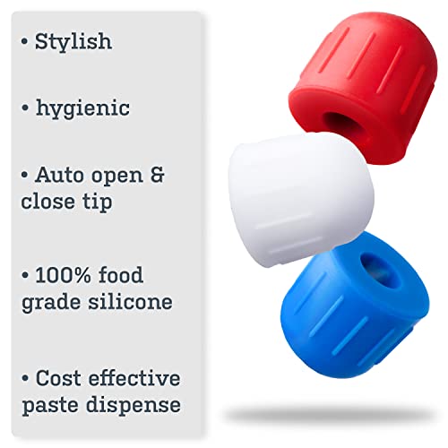 Toothpaste Topper, Self Closing Toothpaste Cap Dispenser, Self Cleaning Toothpaste Caps Top, Zero Waste Cap, Red White and Blue Silicone Toothpaste Cap