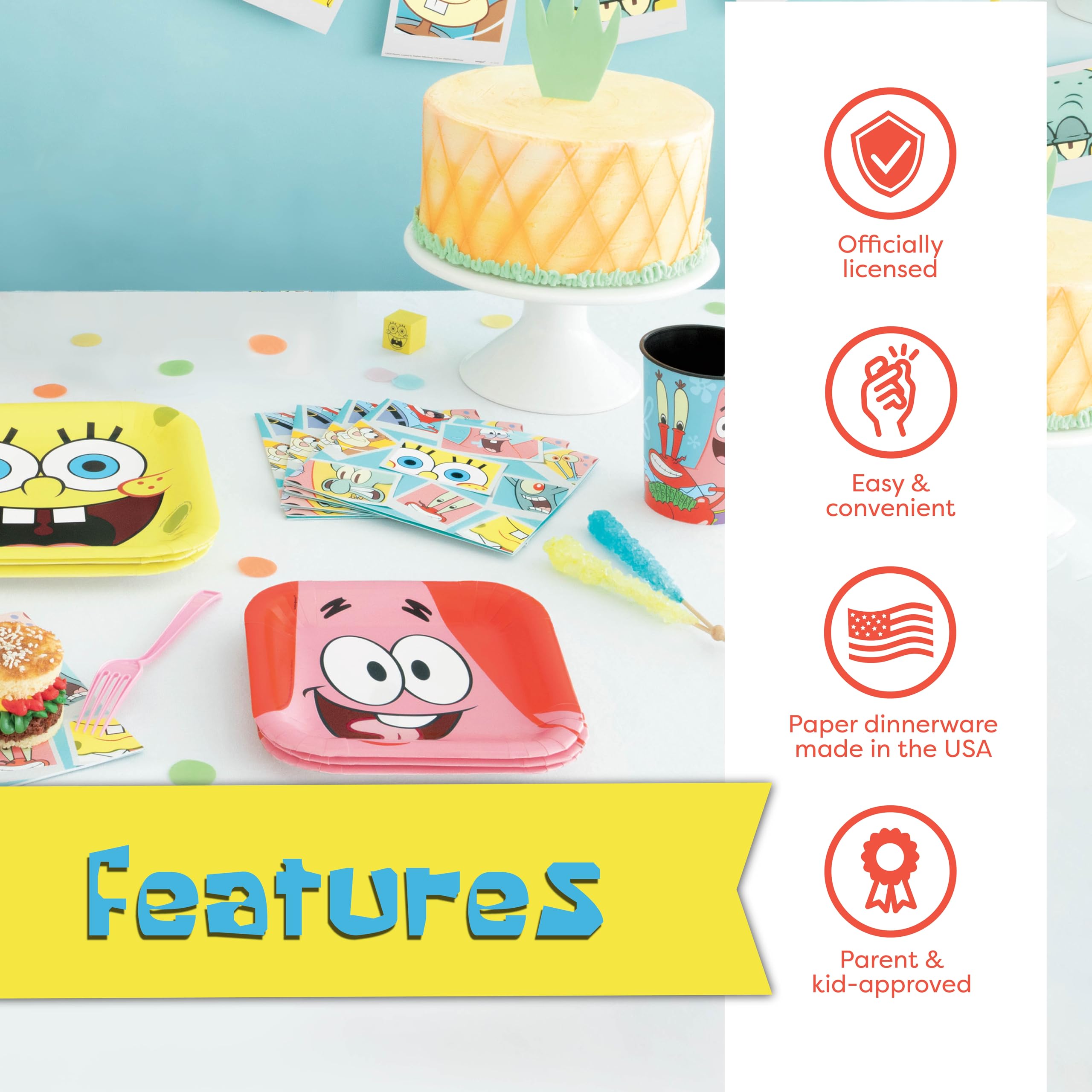 Spongebob Party Supplies Set | Serves 16 Guests | Spongebob Party Decorations With Table Cover, Banner Decoration, Spongebob Plates, Napkins, Balloons, Crepe Streamer, Candles and Button