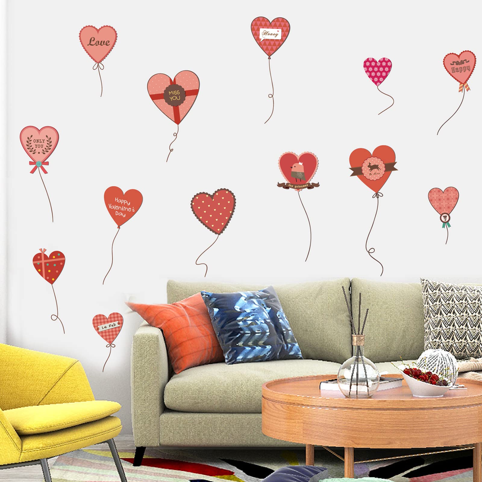Valentine's Day Wall Decals Heart-Shaped Balloon Wall Stickers DIY Removable Mural for Nursery Baby Room Bedroom Doors Windows Valentine's Day Party Wall Decor