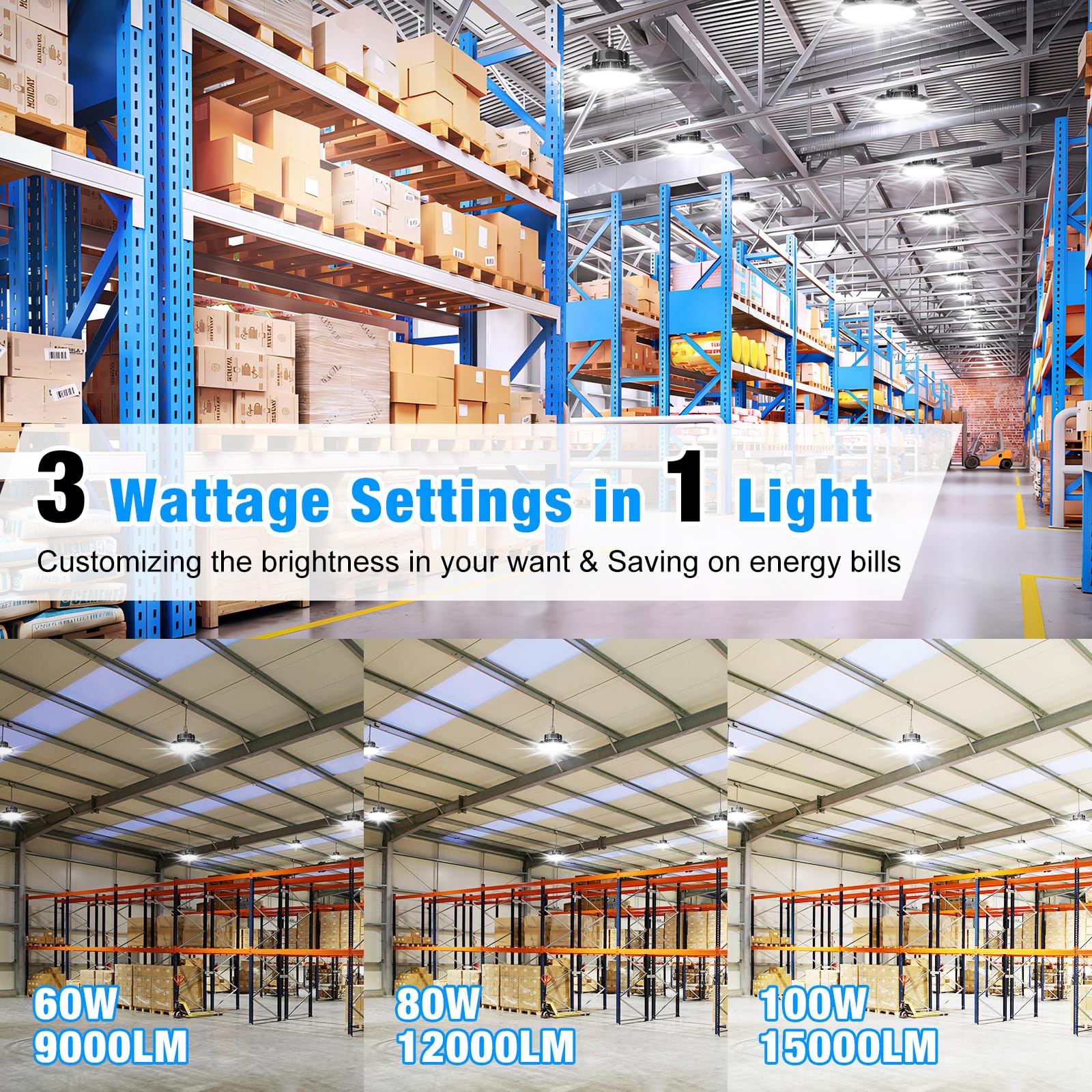 LED High Bay Shop Light 100W 15000LM Super Bright High Bay Lights 5000K, 0-10V Dimmable,US Plug 5' Cable, 100-277V for Garage Barn Warehouse(2 Pack)