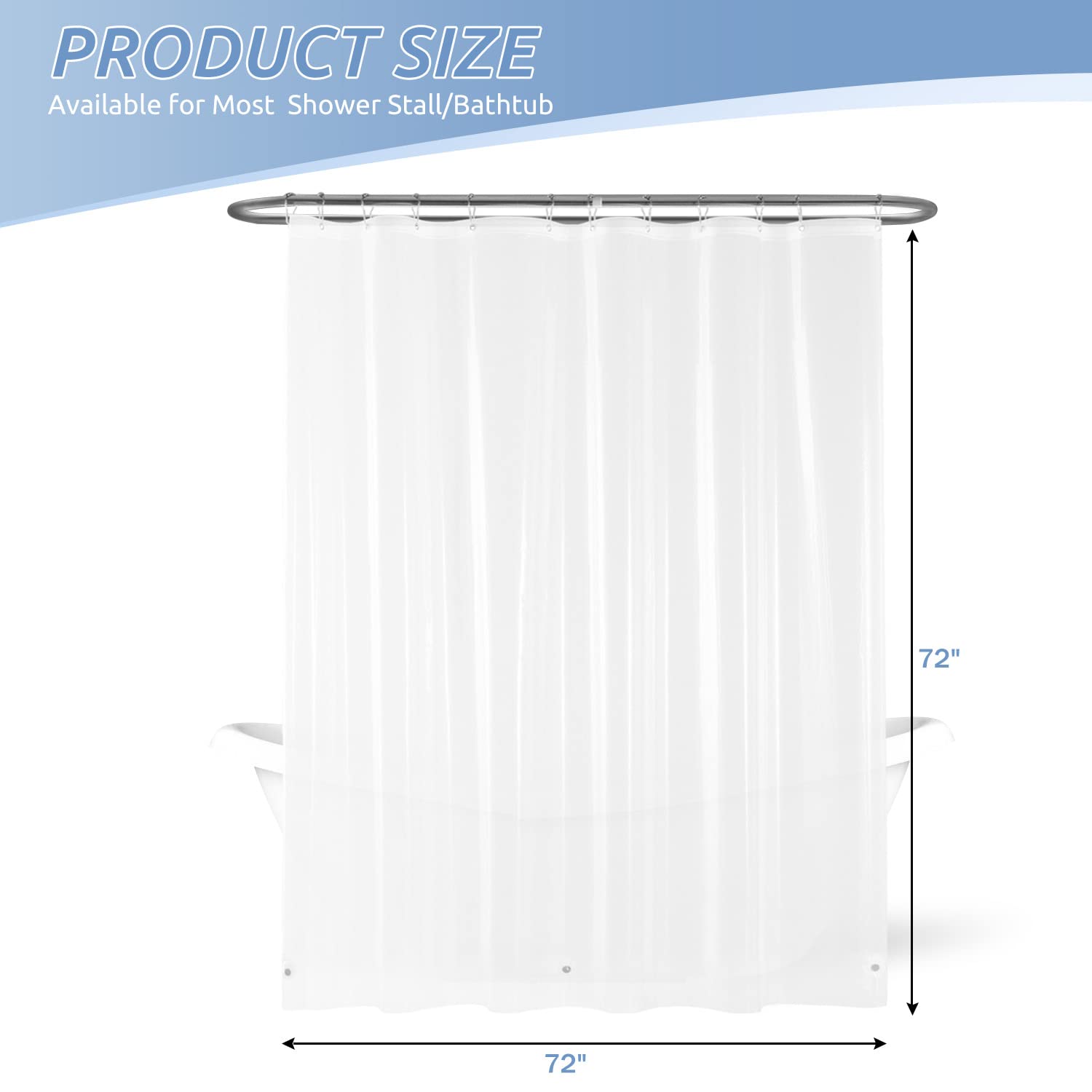 downluxe Waterproof Clear Shower Curtain Liner - PEVA Heavy Duty Plastic Shower Liner with 3 Magnets, Shower Curtains for Bathroom, 72" x 72", Clear