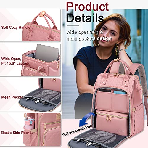 Weitars 15.6 Inch Laptop Backpack For Women School /Travel Backpack, Teacher Nurse Work Backpack with Lunch Box Compartment Bookbag Computer Backpack (Pink)